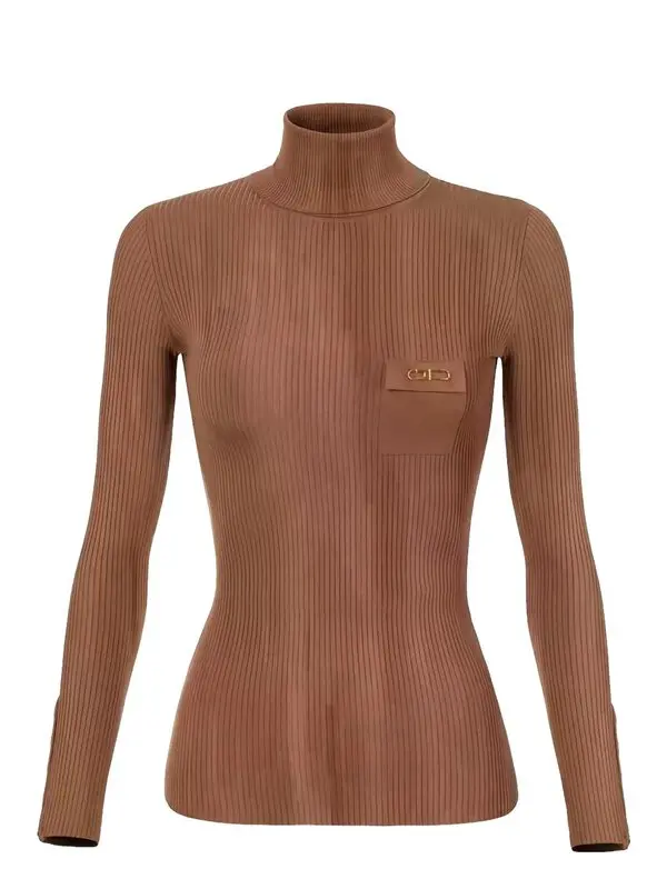 Elisabetta Franchi Ribbed Knit Turtleneck Sweater With Breast Pocket - Brown