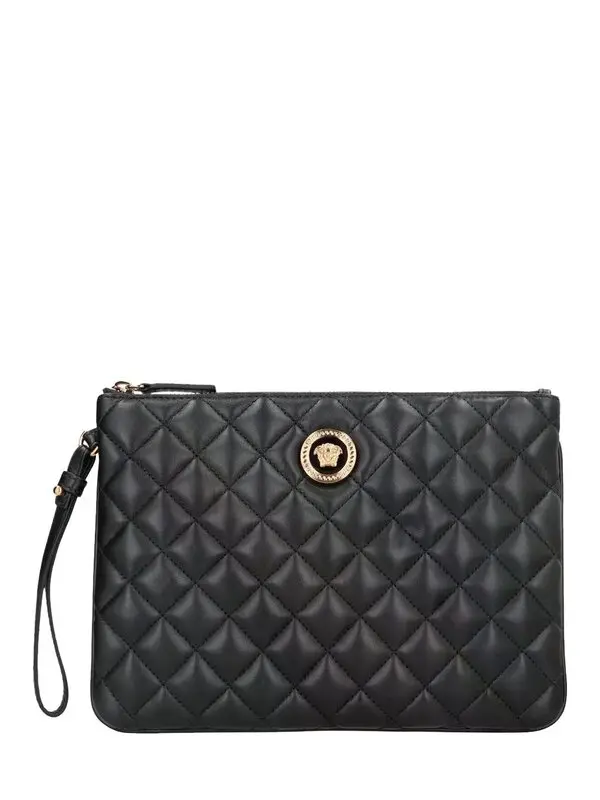 Versace Quilted Logo Leather Clutch - Black