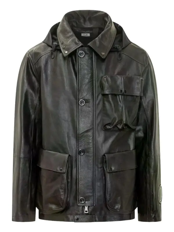 C.P. COMPANY Hooded Leather Jacket - Black