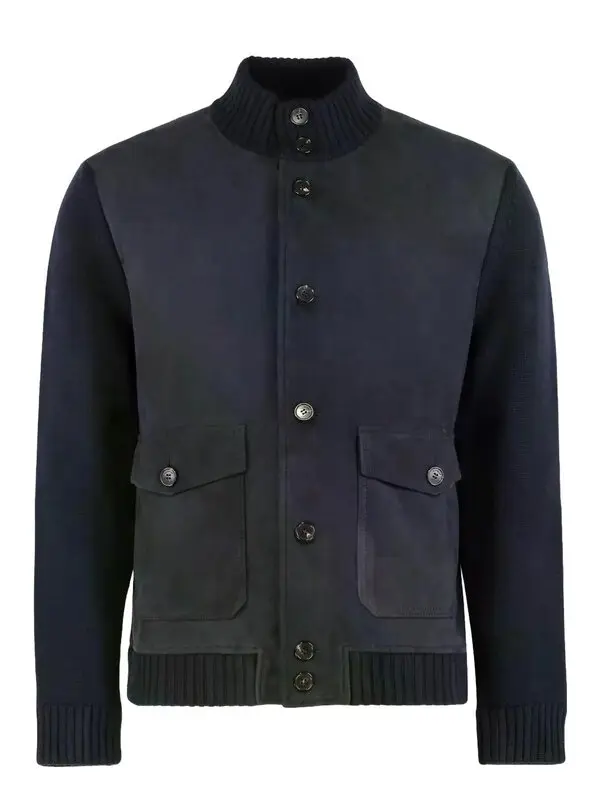 SLOWEAR Leather Panelled Button Cardigan - Blue