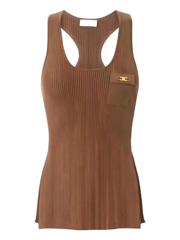 Elisabetta Franchi Ribbed Knit Tank Top With Breast Pocket - Brown