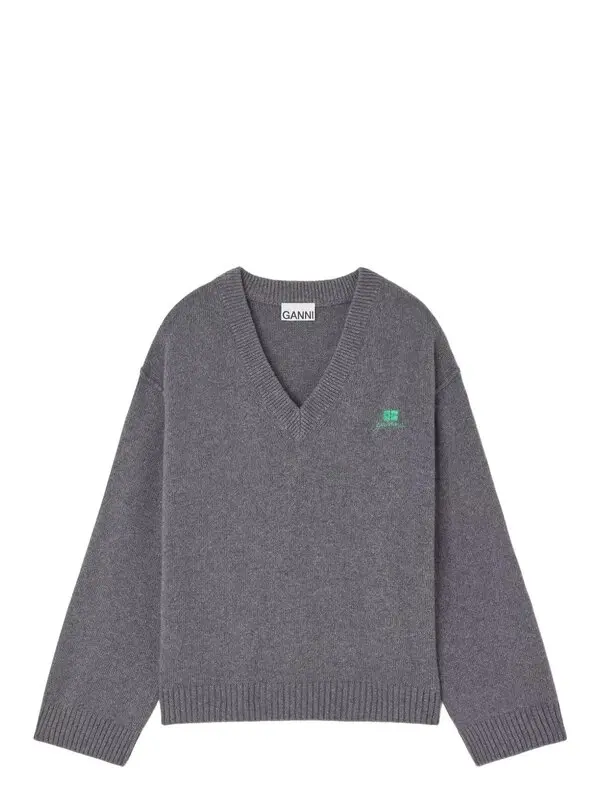 GANNI V-neck Logo Sweater - Grey