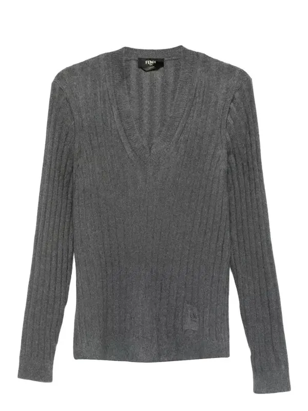 Fendi V-neck Ribbed Knit Sweater - Grey