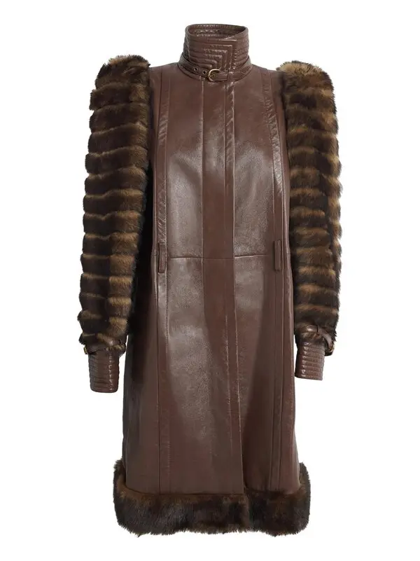 Chloé Leather Fur-trim Coat - Brown