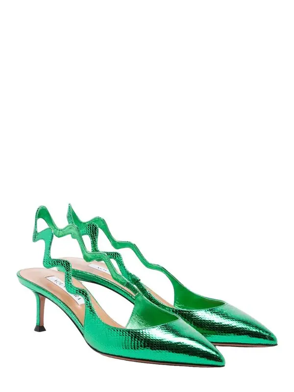 AQUAZZURA Artiste 50 Metallic Leather Slingback Pumps - Green