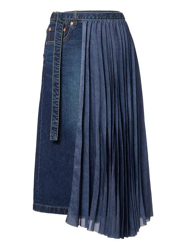 Sacai Pleated Denim Midi Skirt - Blue