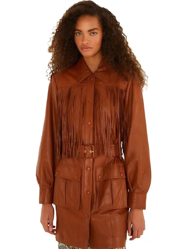 FARM RIO PROVISÓRIO Fringes Leather Coat - Brown
