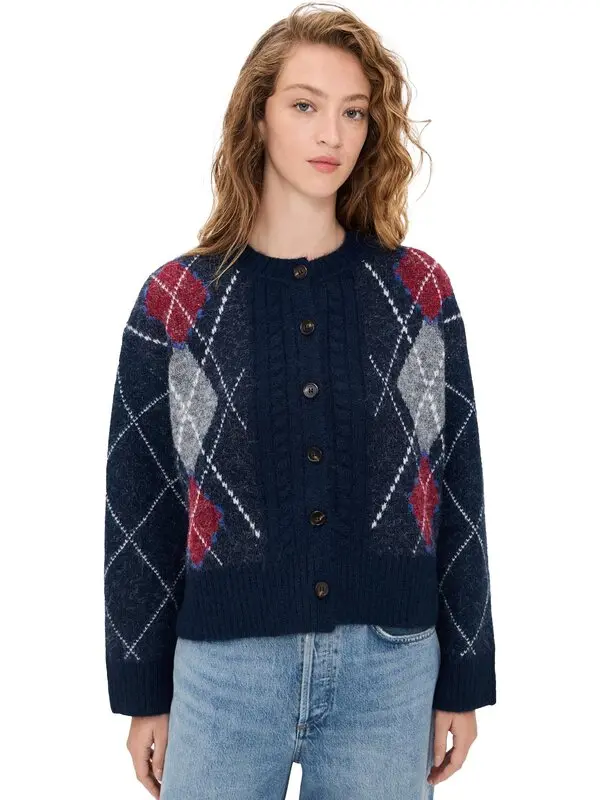 Moon River Argyle Knit Cardigan - Navy Multi