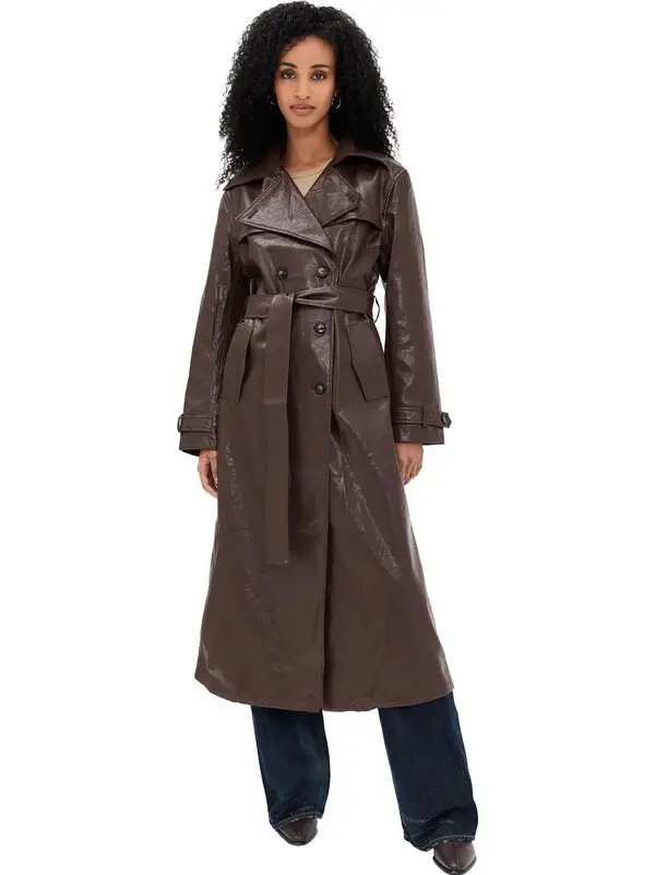 MADISON THE LABEL Hutson Faux Leather Trench Coat - Choc