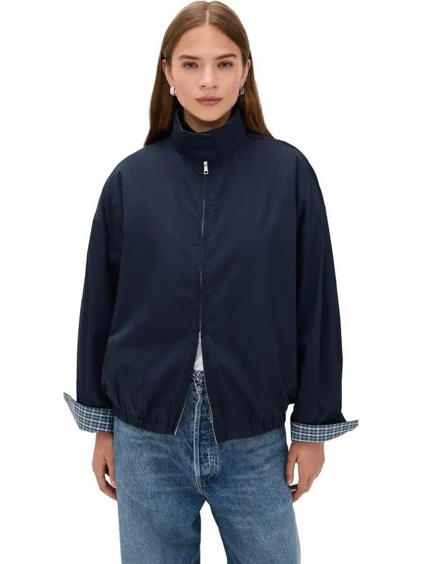 Pixie Market Plaid Contrast Bomber Jacket - Navy