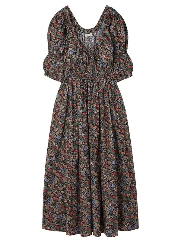 DÔEN Ischia Shirred Floral-print Organic Cotton-voile Midi Dress - Multi