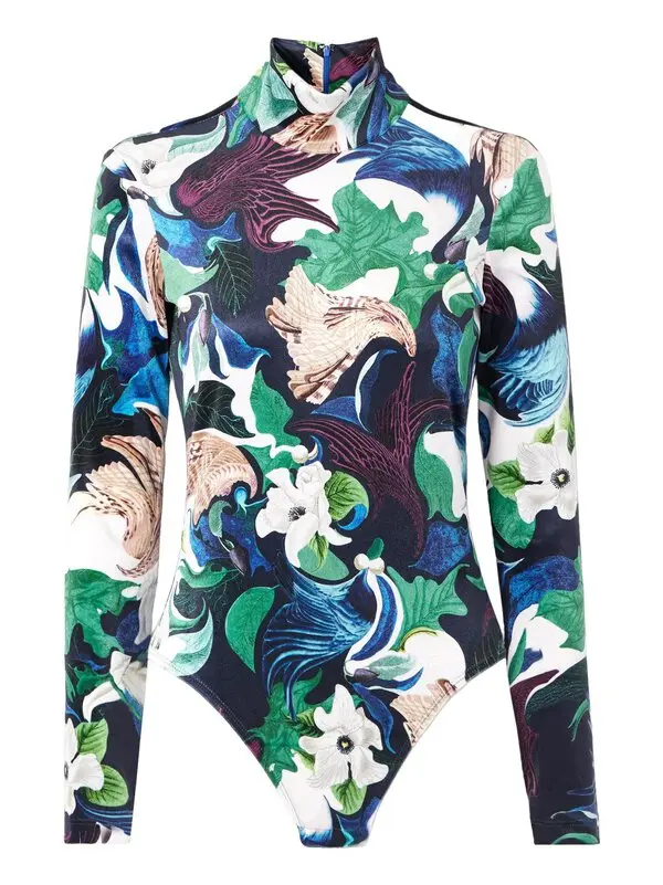 MARY KATRANTZOU Jordan Printed Stretch-velvet Turtleneck Bodysuit - Blue