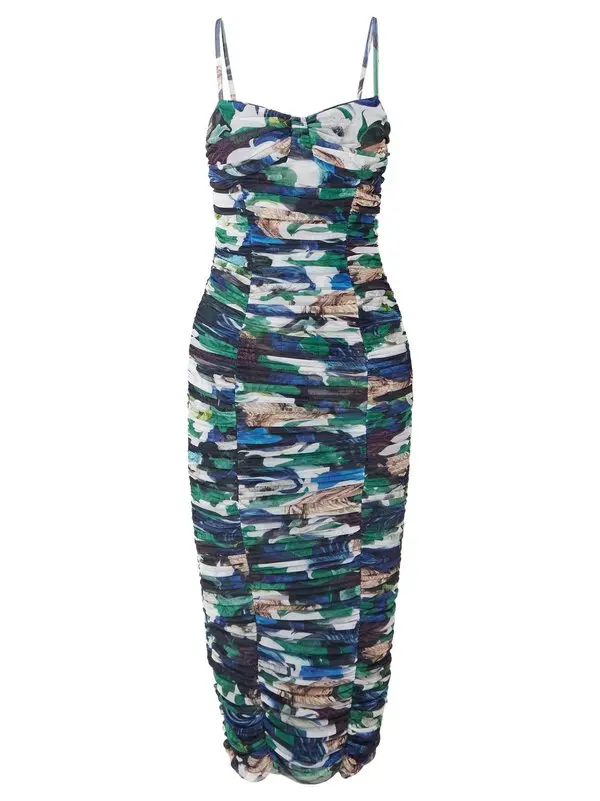 MARY KATRANTZOU Printed Ruched Stretch-tulle Midi Dress - Blue