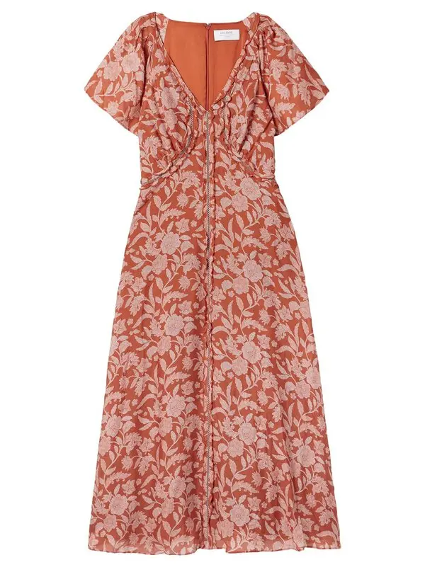 LA LIGNE Gaelle Floral-print Silk Crepe De Chine Midi Dress With Mesh Trim - Orange