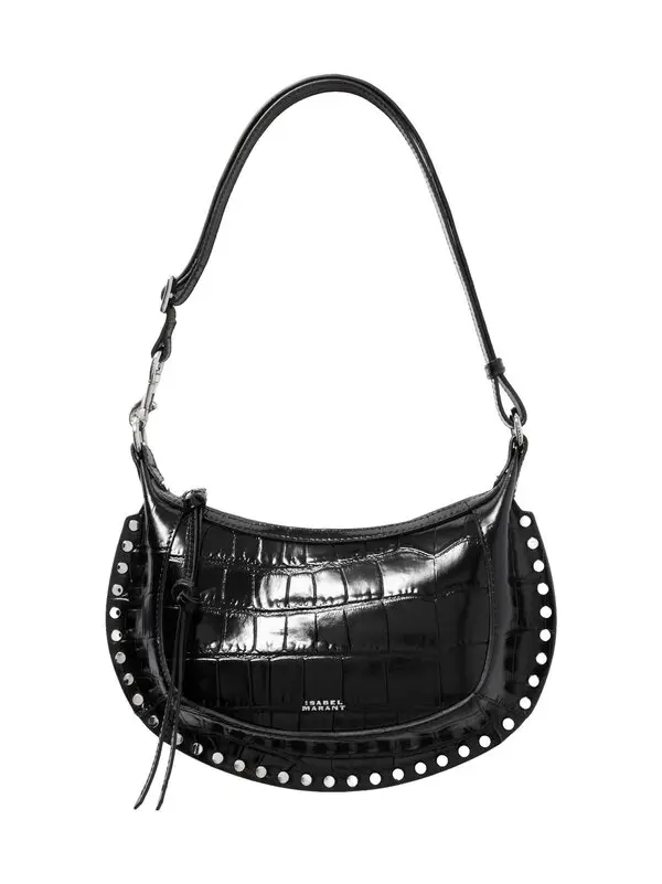 Isabel Marant Oskan Moon Studded Croc-effect Patent-leather Shoulder Bag - Black