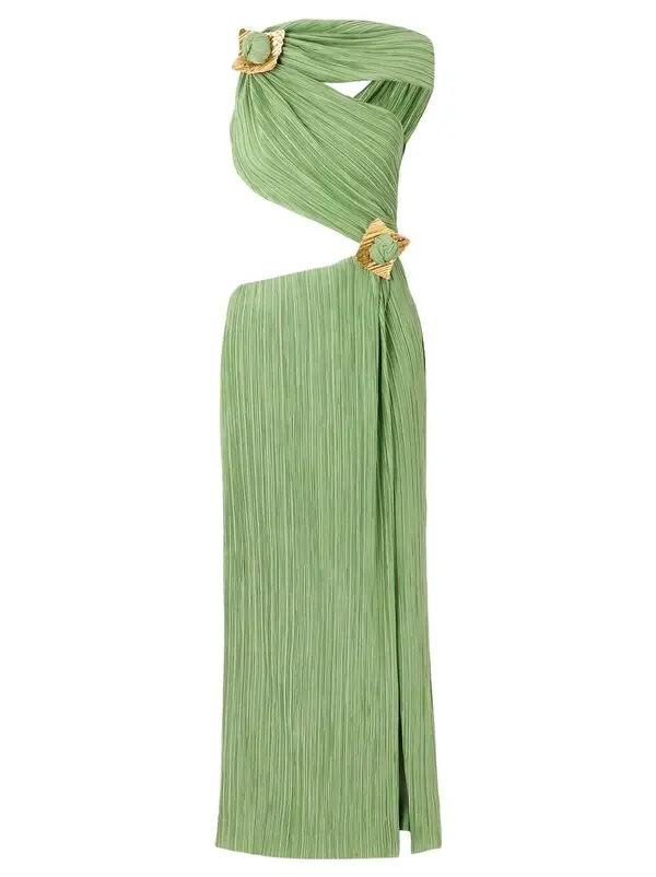Cult Gaia Loah Asymmetric Embellished Plissé-chiffon Midi Dress - Green