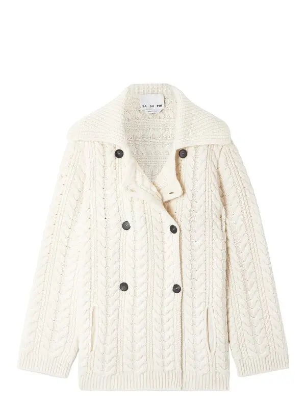Sasuphi Double-breasted Cable-knit Merino Wool And Cashmere-blend Cardigan - Neutrals
