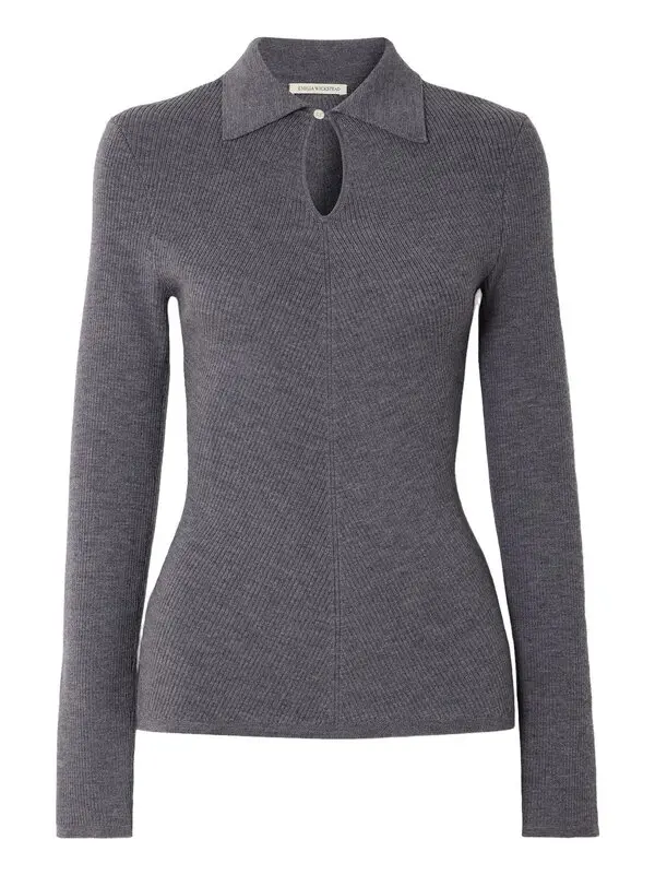 EMILIA WICKSTEAD Ambrose Ribbed Wool Polo Sweater - Gray