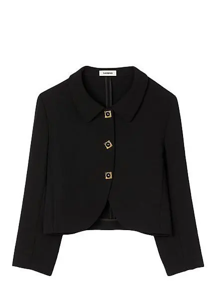 Sandro Cropped Jewel-button Woven Jacket - Black