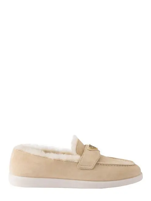Prada Shearling Suede Loafers - Neutral