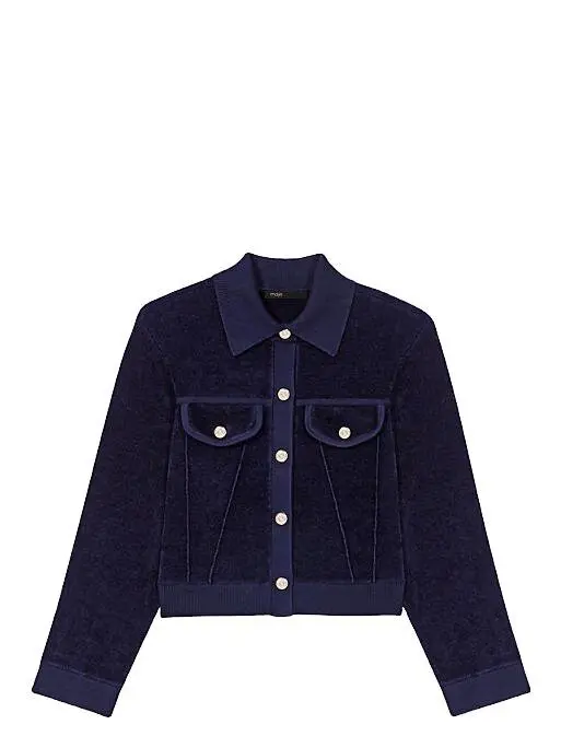 Maje Button-down Cropped Stretch-velvet Jacket - Navy