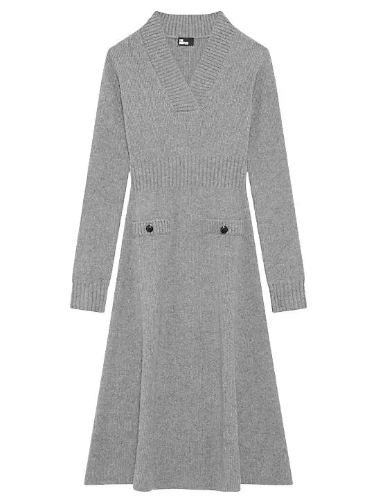 The Kooples V-neck Knitted Midi Dress - Light Grey
