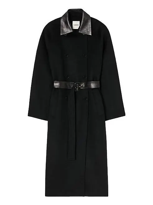 Sandro Leather-collar Double-breasted Wool Coat - Black