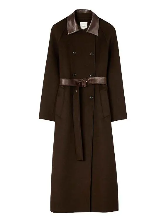 Sandro Leather-collar Double-breasted Wool Coat - Brown