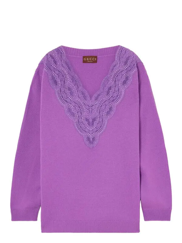 Gucci Lace-trimmed Ribbed Wool And Cashmere-blend Sweater - Purple
