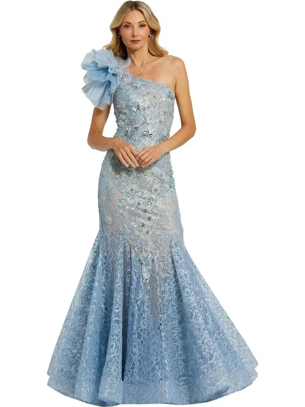Mac Duggal Embellished Tulle Mermaid Gown With Flower Detail - Powder Blue