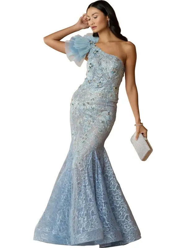 MAC DUGGAL COLLECTION Sleeveless One Shoulder Embroidered Mermaid Gown - Powder Blue
