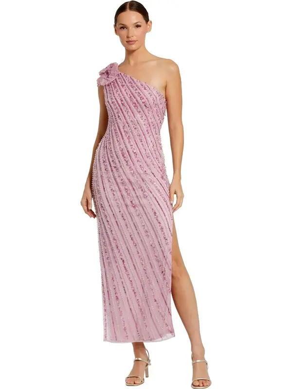 Mac Duggal Beaded Mesh Dress With Floral Detail - Orchid
