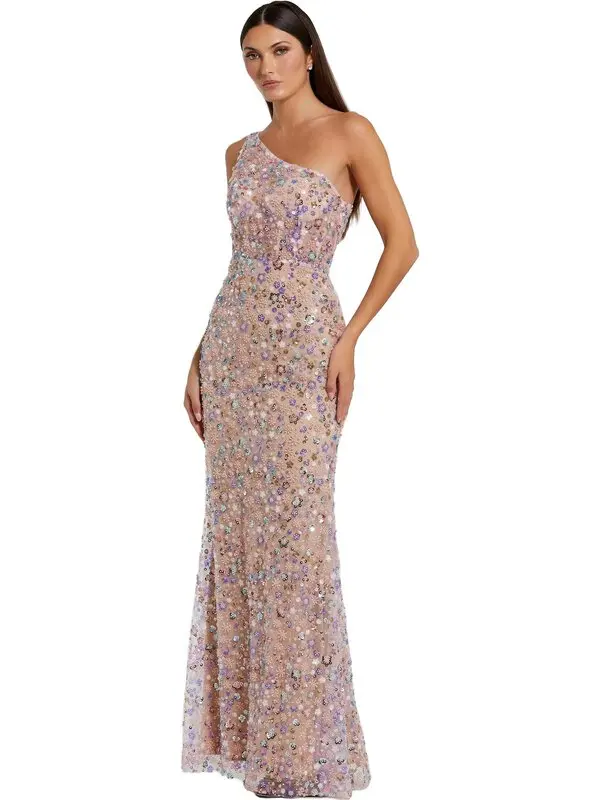 Mac Duggal Floral Embellished One Shoulder Column Gown - Pink Multi