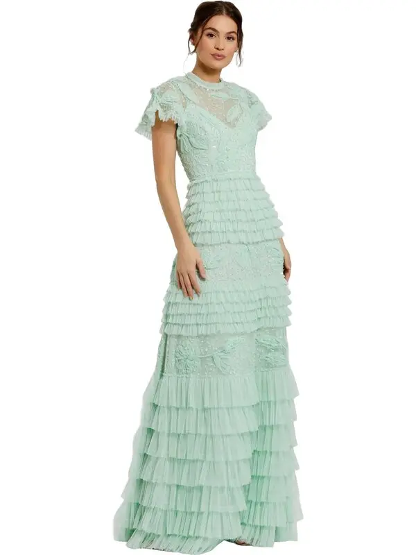 Mac Duggal Beaded Mesh Ruffle Gown - Sage
