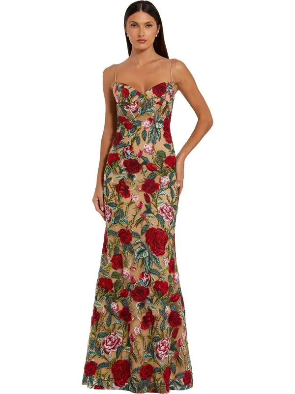 Mac Duggal Embroidered Spaghetti Strap Floral Dress - Nude Multi