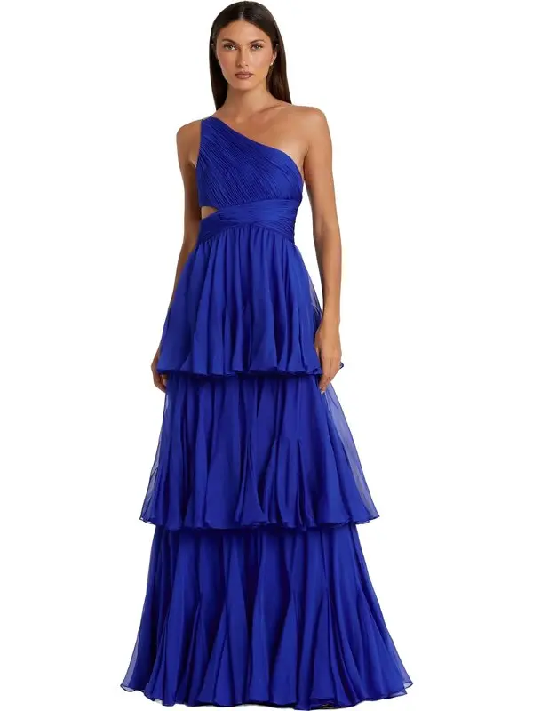 Mac Duggal One-shoulder Open-back Chiffon A-line Gown - Cobalt