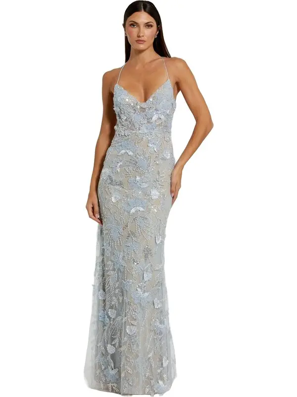 Mac Duggal Embroidered Sleeveless Backless Column Gown - Blue