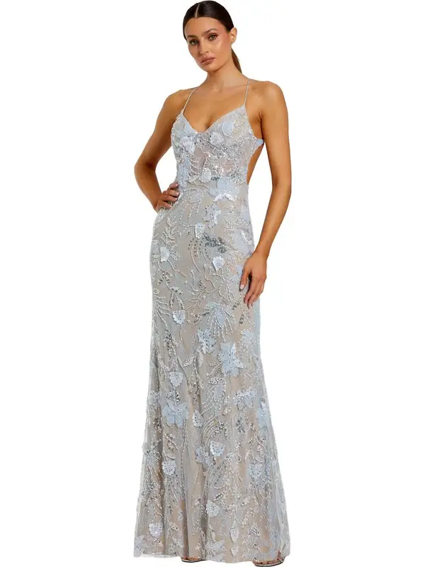 Mac Duggal Embroidered Sleeveless Backless Column Gown - Blue