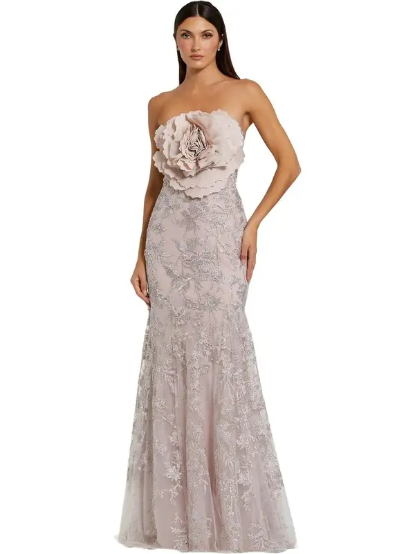 Mac Duggal Lace Embellished Trumpet Gown With 3d Flower - Mocha