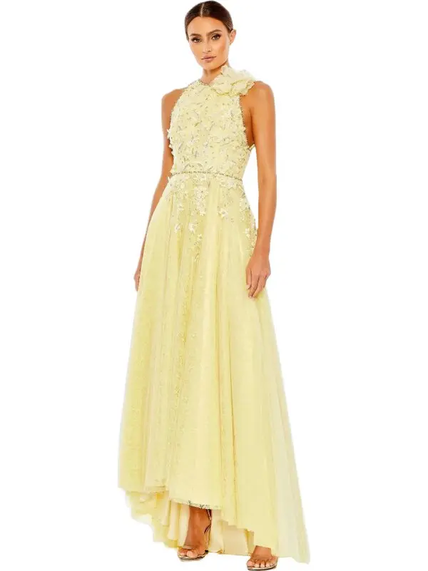 Mac Duggal Embellished High Neck Sleeveless A-line Gown - Lemon