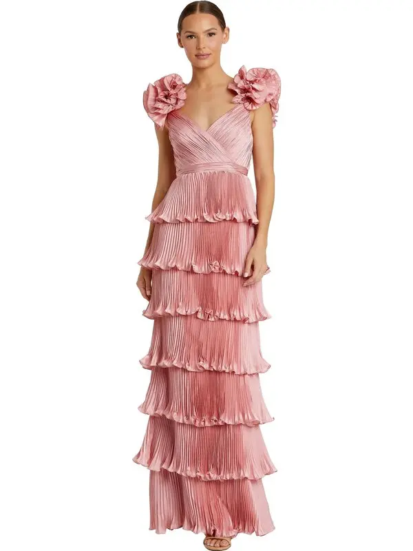 Mac Duggal Pleated Charmeuse Tiered Gown With Ruffle Straps - Rose