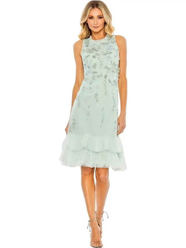 Mac Duggal Embellished Ruffle Tiered High Neck Floral Dress - Green