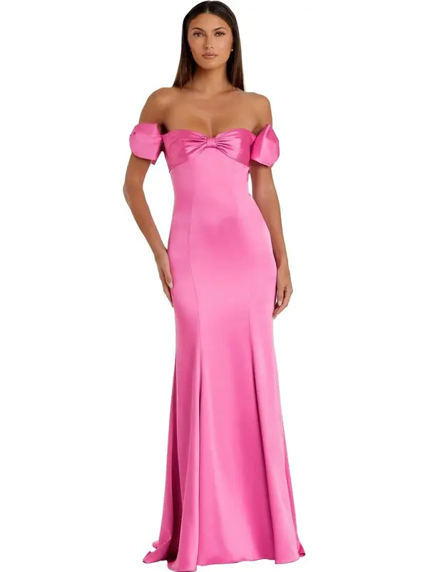 Mac Duggal Off-the-shoulder Satin Trumpet Gown With Bows - Pink