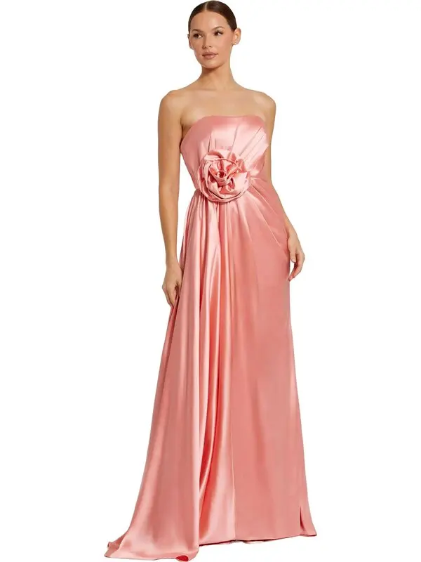 Mac Duggal Strapless Satin Gown With 3d Flower - Coral