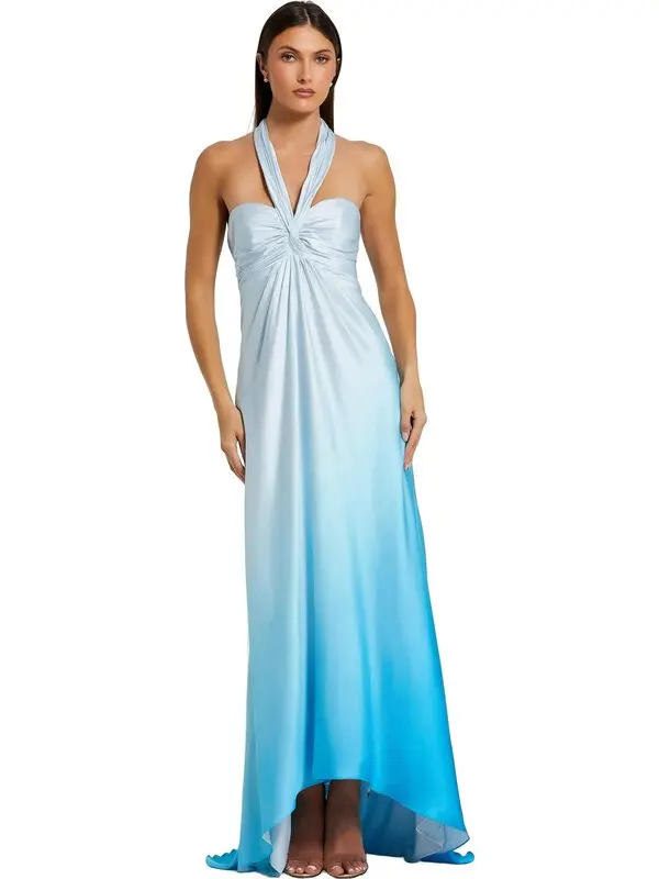 Mac Duggal Charmeuse Tie Halter Neck Ombre Gown - Blue Ombre