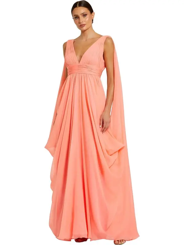 Mac Duggal V-neck A-line Chiffon Gown With Draped Details - Coral