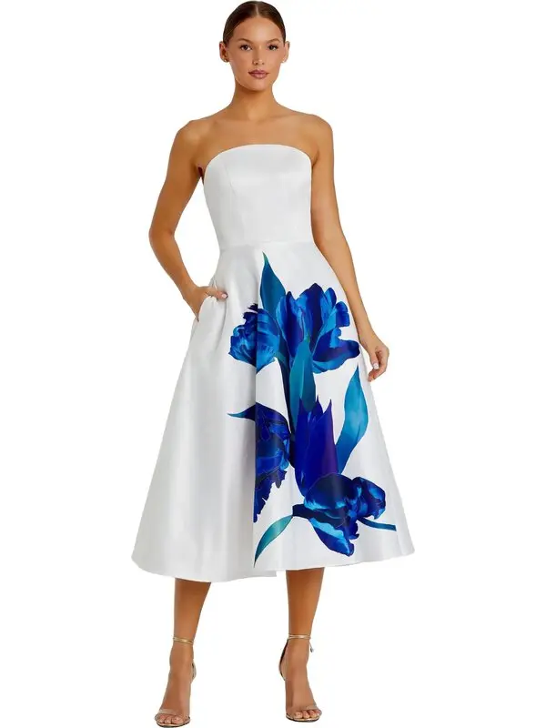 Mac Duggal Strapless Floral Print Midi Dress - White