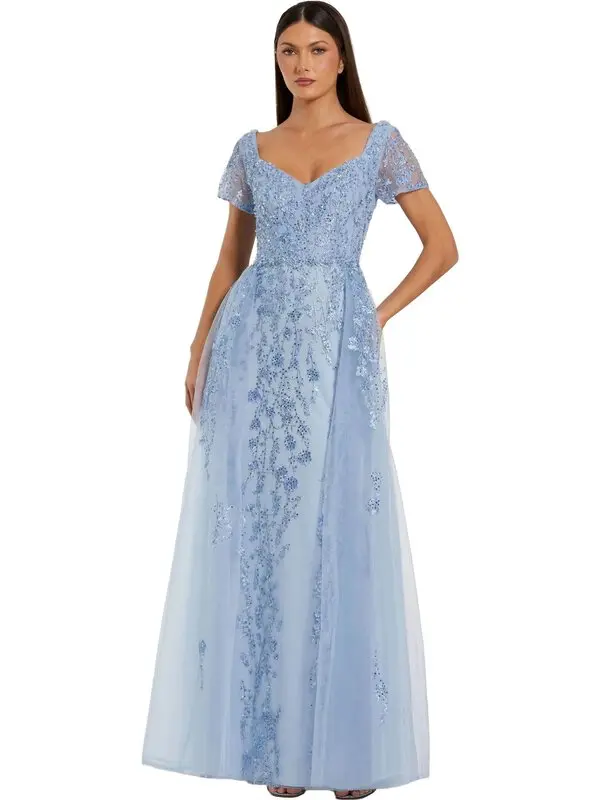 Mac Duggal Embroidered Beaded A-line Gown With Overskirt - Powder Blue