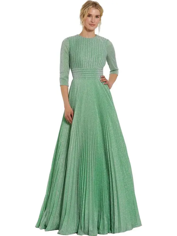 Mac Duggal Pleated Shimmering 3/4 Sleeve Ball Gown - Sage