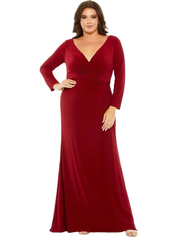 Mac Duggal Long Sleeve V-neck Faux Wrap Gown - Burgundy
